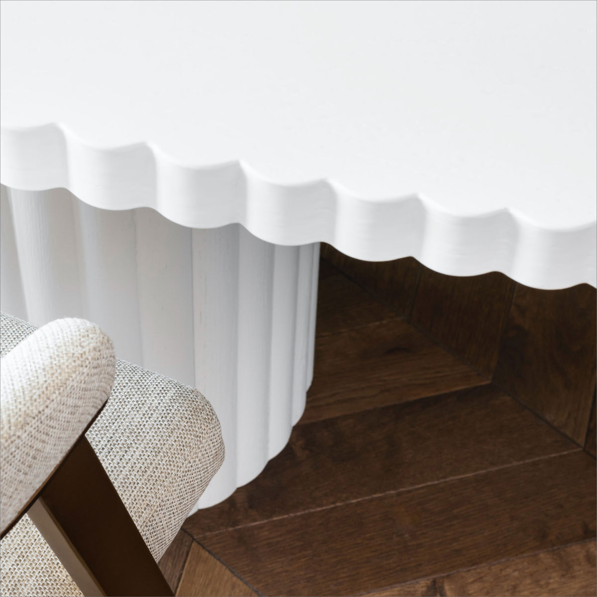 Bow Street, Luxury white oval dining table with ribbed column legs
